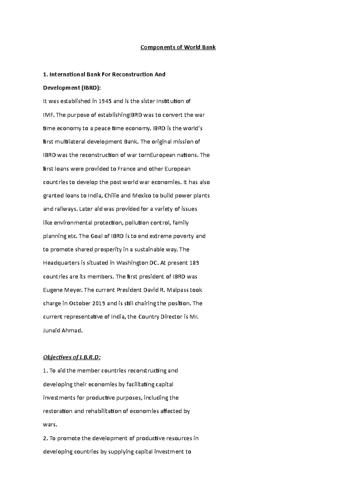 If 11 - Short note - Components of World Bank 1. International Bank For ...