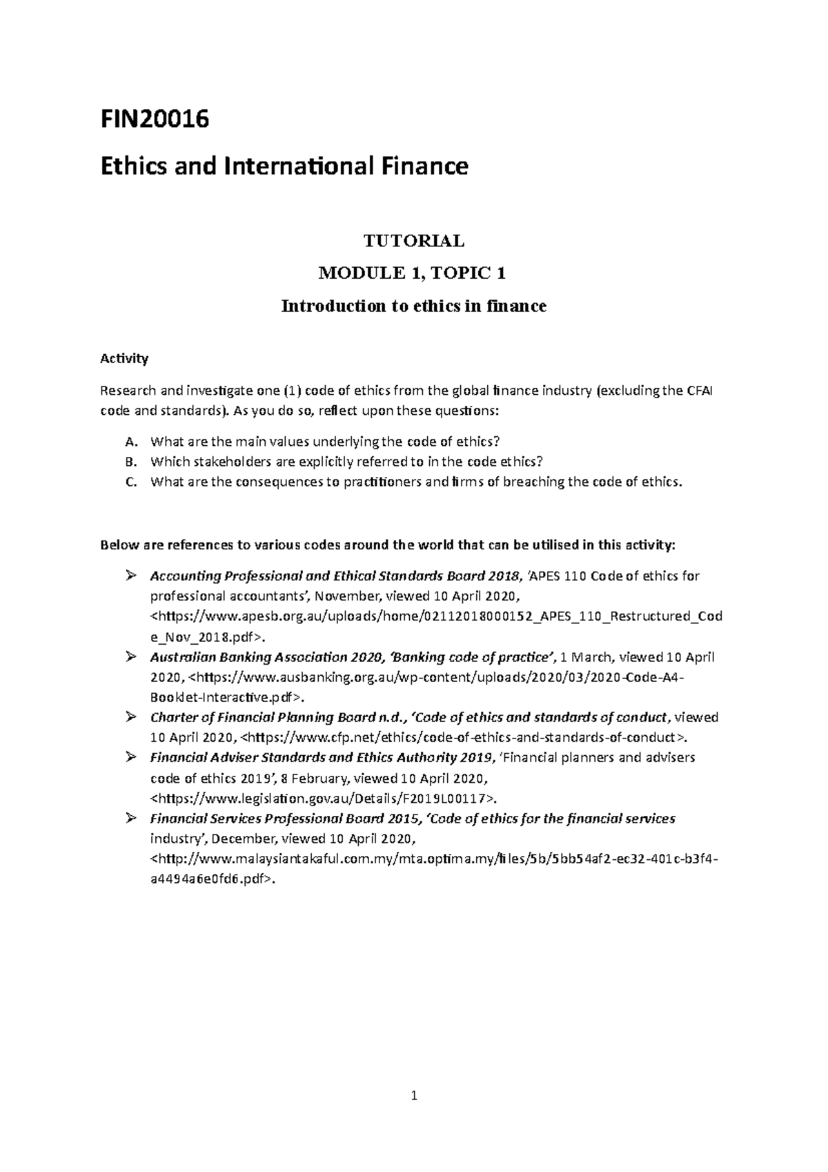 FIN2001 6 Mod1 Topic 1 Tutorial Solution v2 - FIN Ethics and International Finance TUTORIAL ...