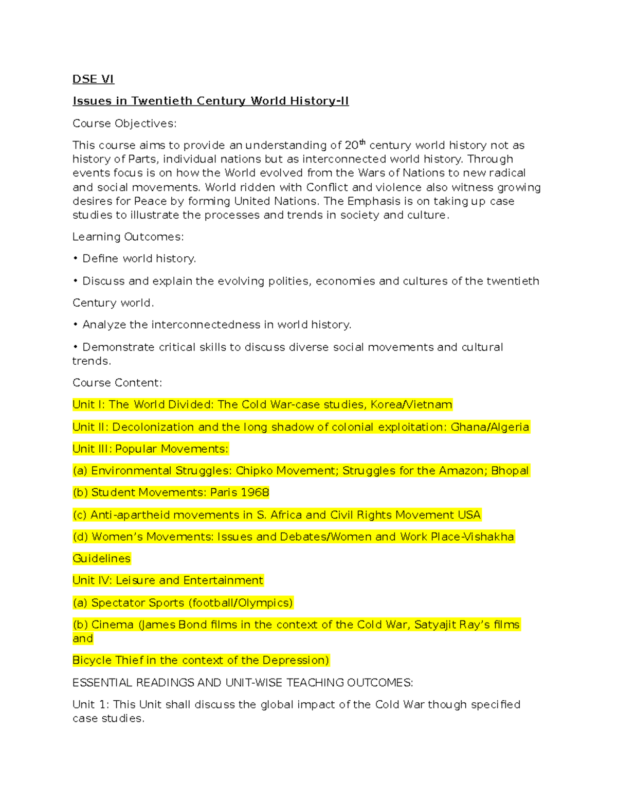 History Syllabus VI sem - DSE VI Issues in Twentieth Century World ...