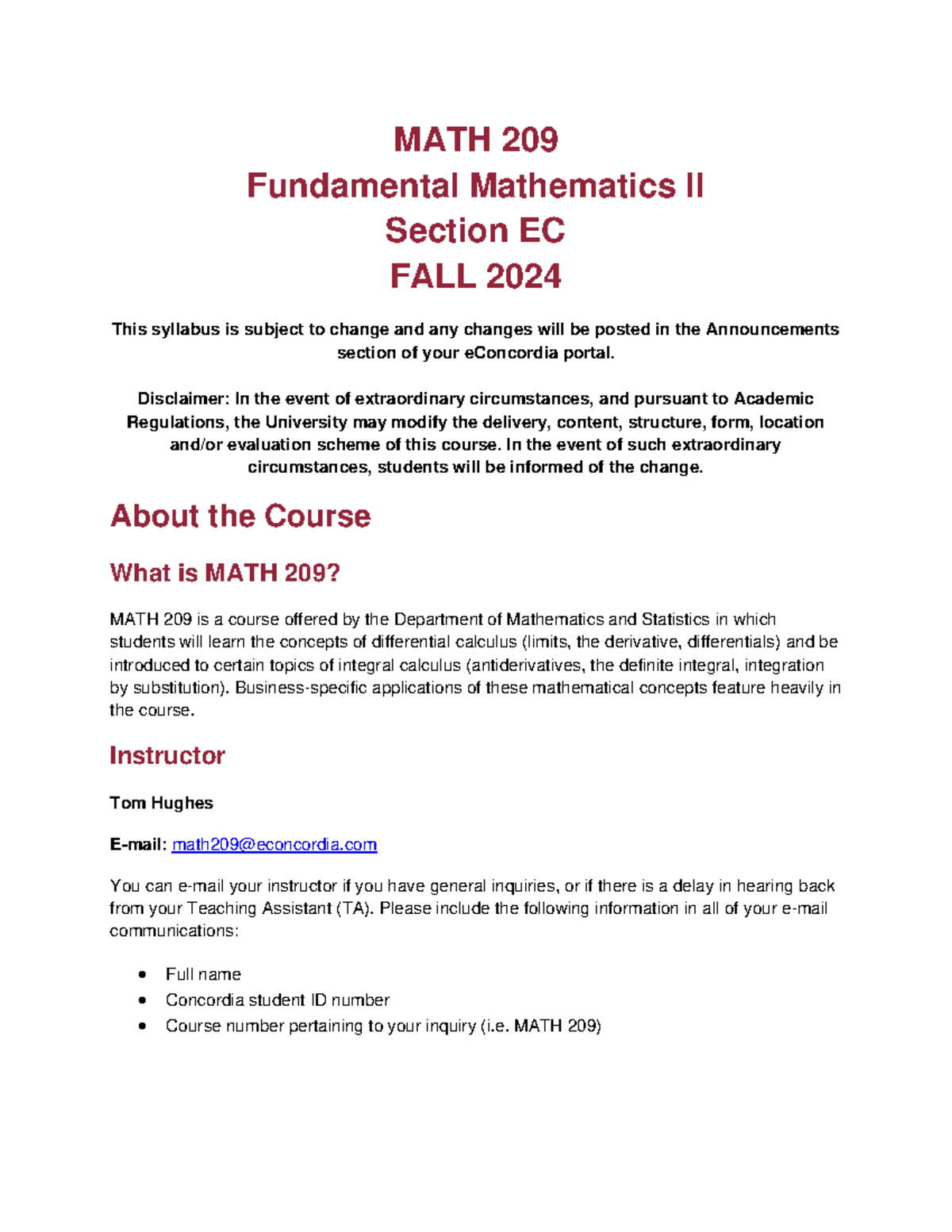 Math 209 EC Course Outline - MATH 209 Fundamental Mathematics II Section EC FALL 2024 This ...