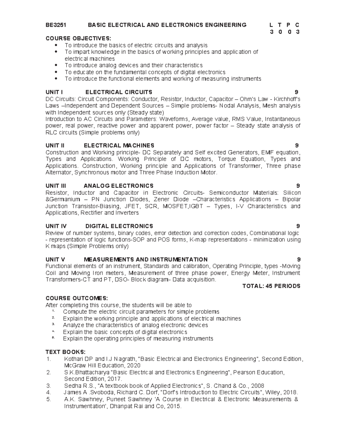 BE3251-syllabus - material - BE3251 BASIC ELECTRICAL AND ELECTRONICS ENGINEERING L T P C 3 0 0 3 ...