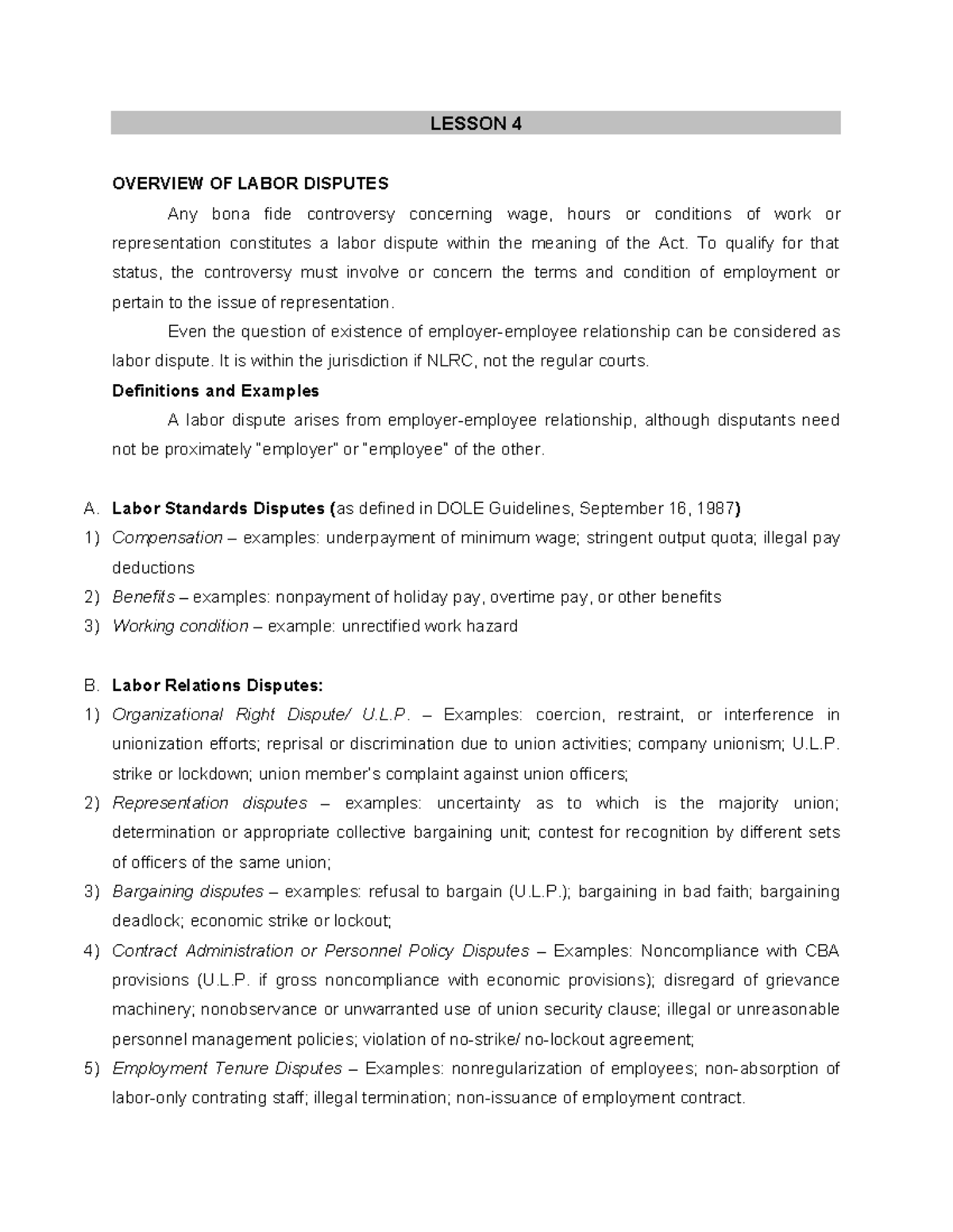 B LAW 3 Lesson 4 - Hshshhshshshshs - LESSON 4 OVERVIEW OF LABOR ...