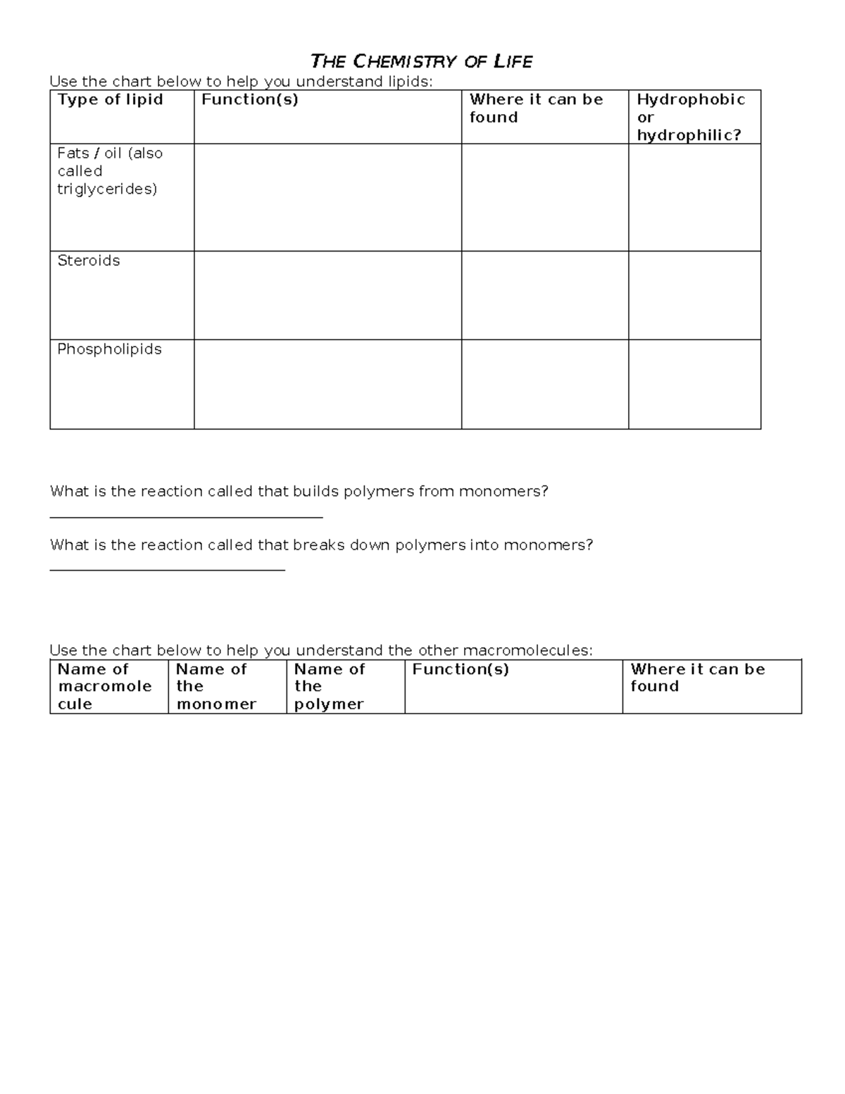 Chemistry Macromolecules Worksheet - THE CHEMISTRY OF LIFE Use the ...