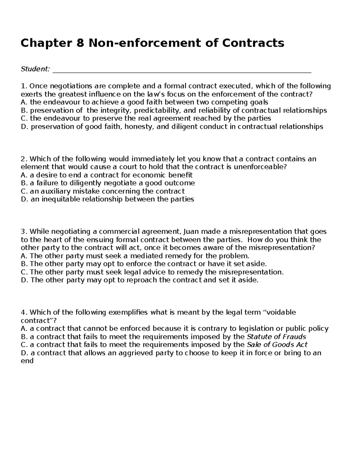Chapter 8 BUSN331 - Chapter 8 Non-enforcement of Contracts _Student ...