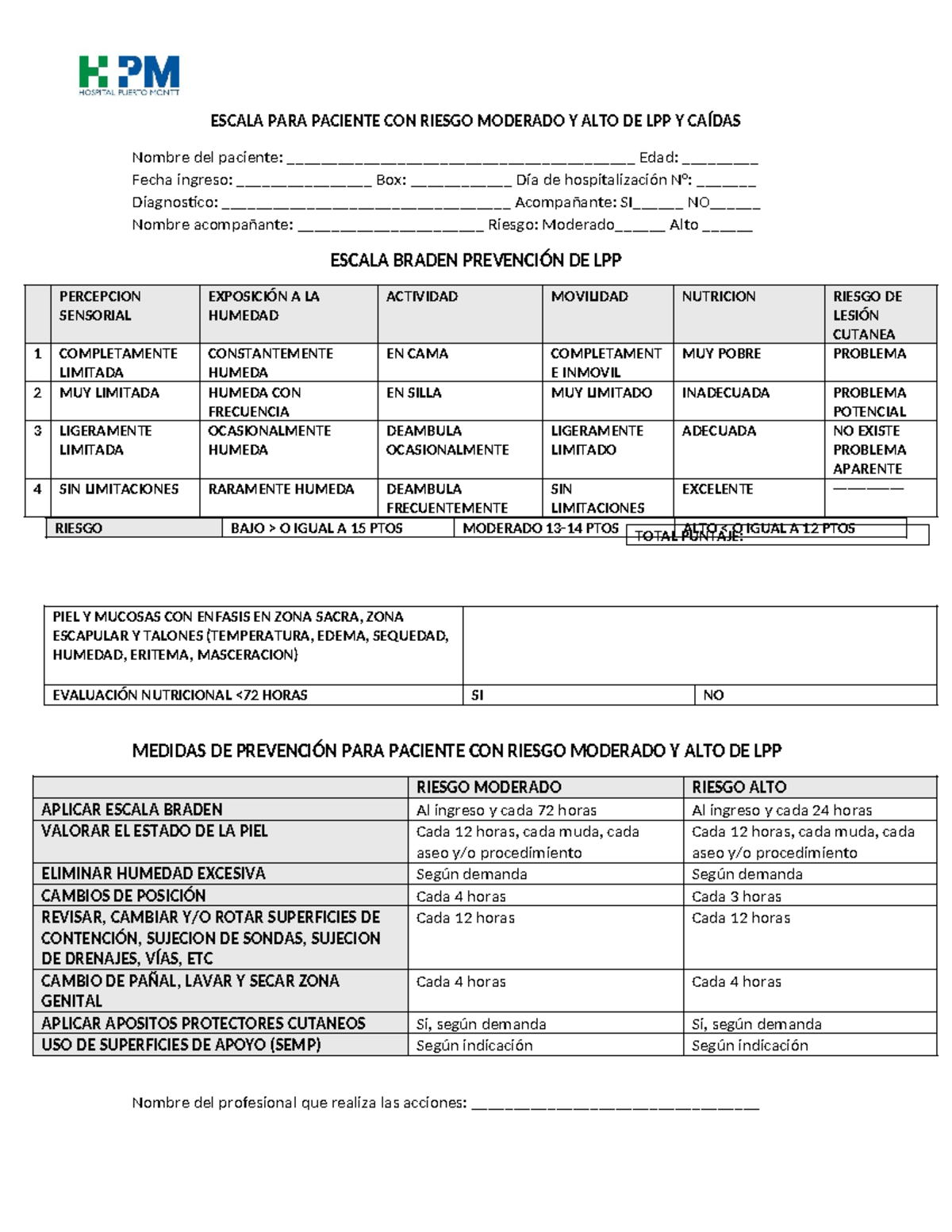 Escala de lpp y caidas - urgencis - ESCALA PARA PACIENTE CON RIESGO MODERADO Y ALTO DE LPP Y ...