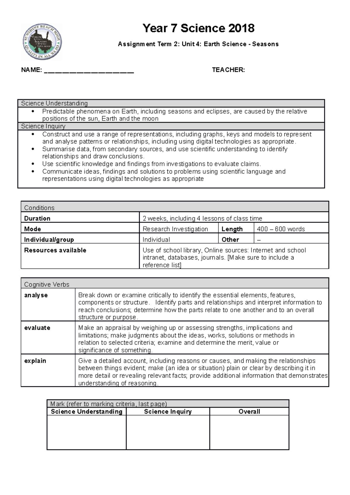 Research Investigation Seasons Term 2 - Year 7 Science 2018 Assignment ...