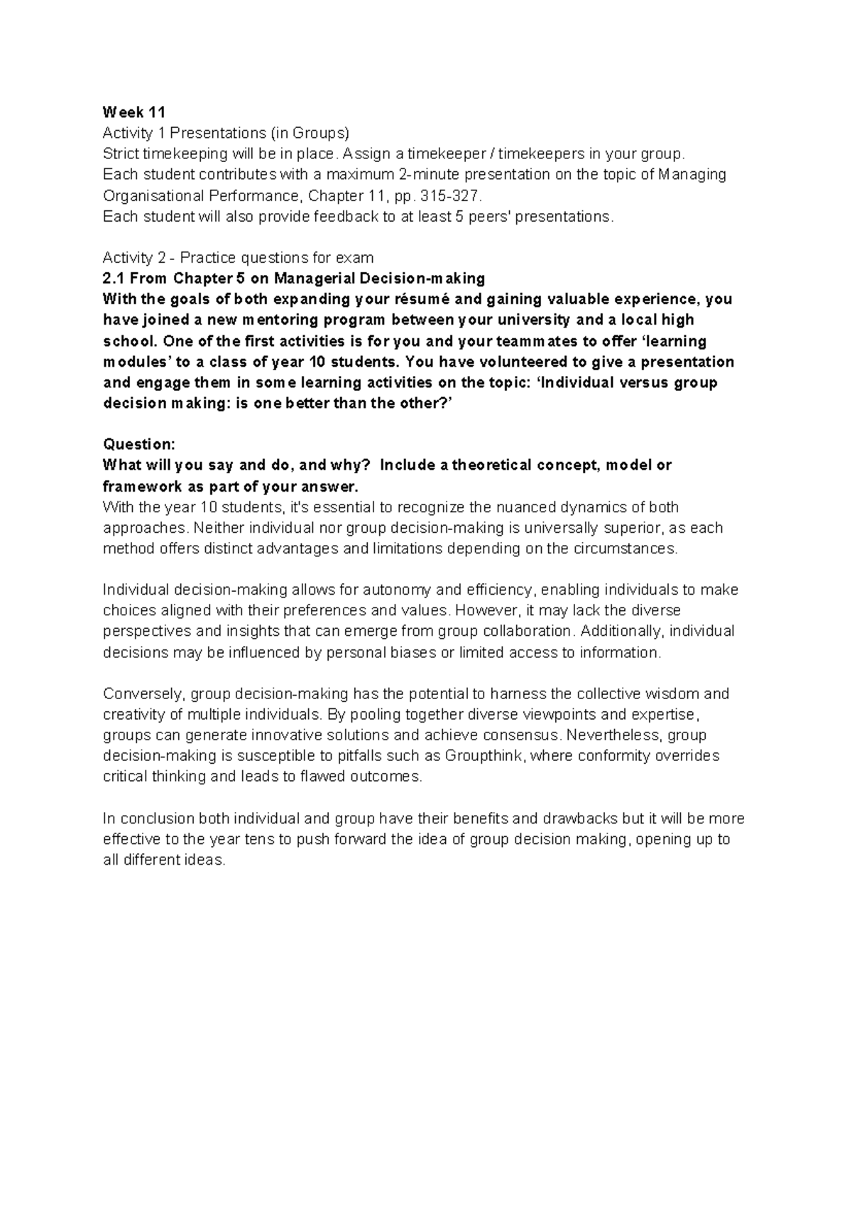 Week 11 Tutorial MGMT1002 - Week 11 Activity 1 Presentations (in Groups ...