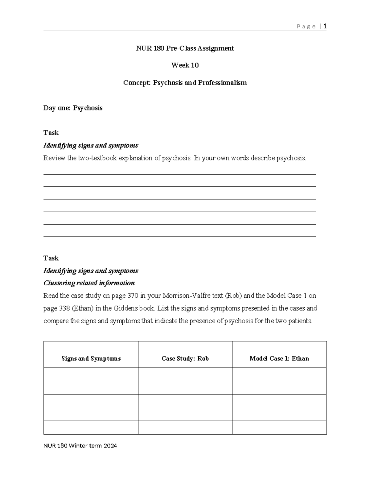 Week 10 Pre-Class Assignment - NUR 180 Pre-Class Assignment Week 10 Concept: Psychosis and - Studocu