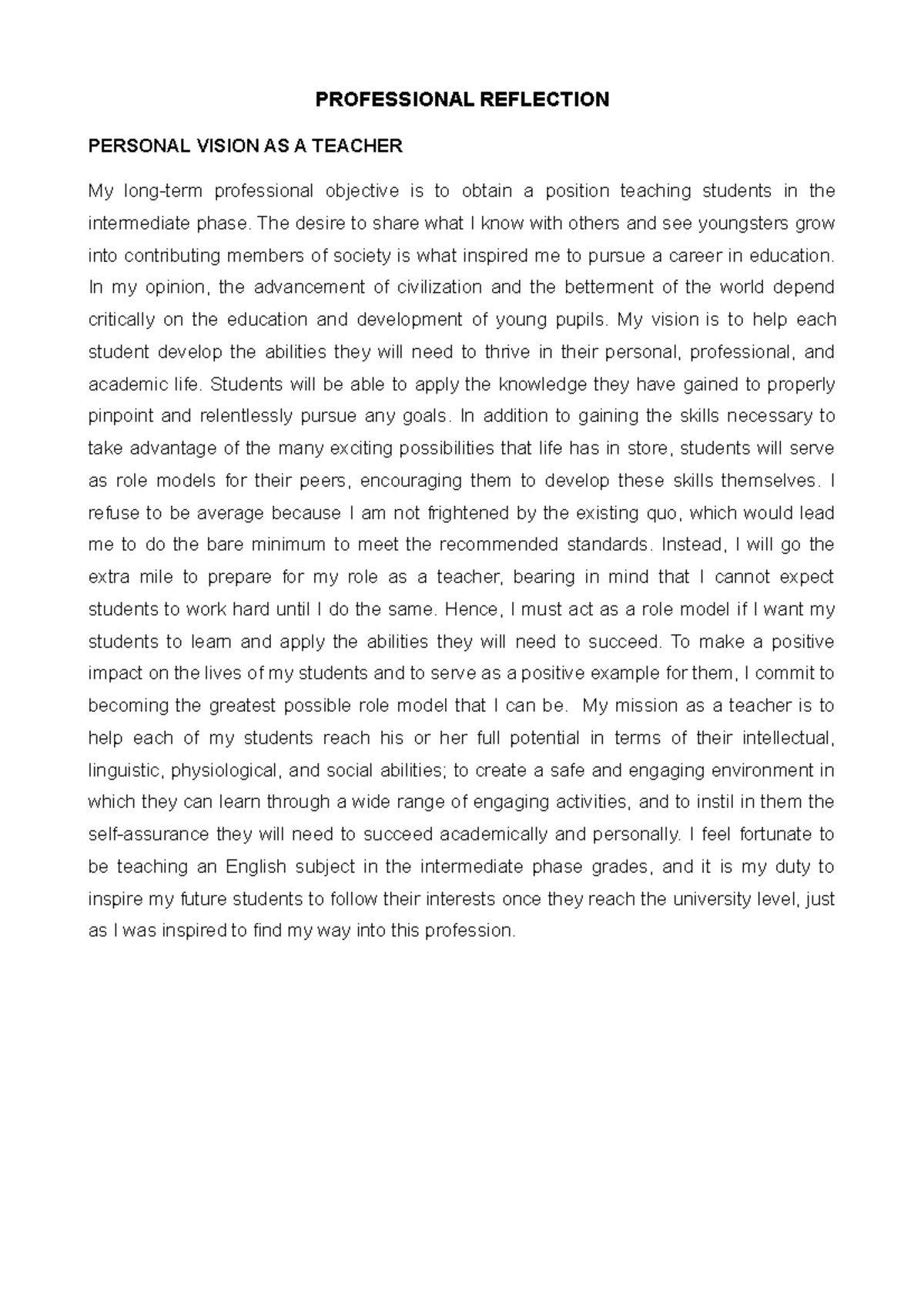 Sdeed 1 - Speed 4 - PROFESSIONAL REFLECTION PERSONAL VISION AS A ...