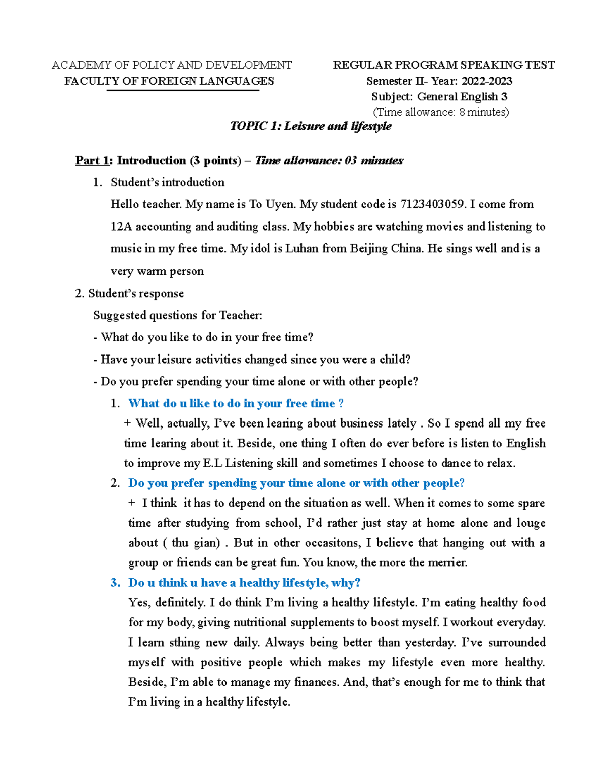 ĐỀ CƯƠNG KĨ NĂNG NÓI TACB 3 - ACADEMY OF POLICY AND DEVELOPMENT FACULTY OF FOREIGN LANGUAGES ...
