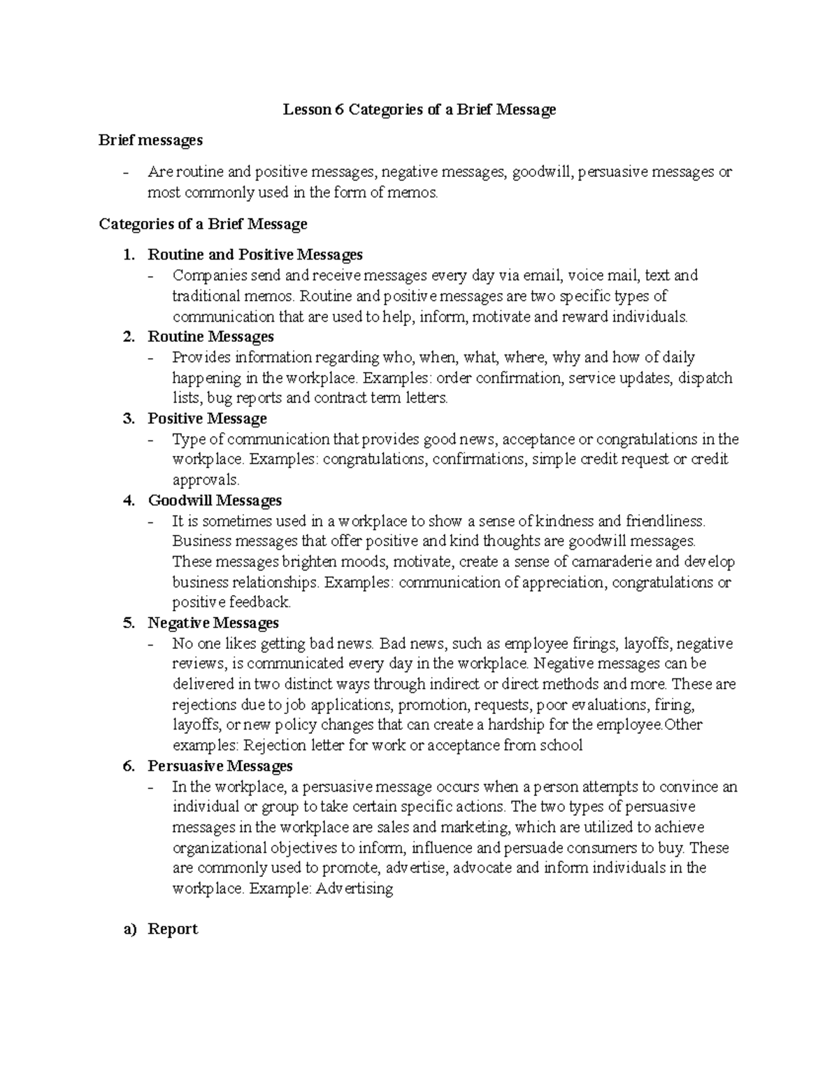 Lesson 6 Categories of a Brief Message - Lesson 6 Categories of a Brief ...
