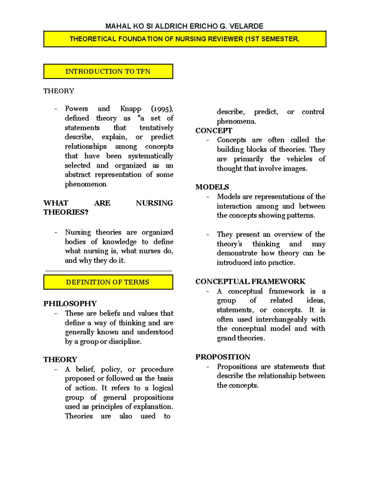 Intro-TO-TFN - DEFINITION OF TERMS THEORETICAL FOUNDATION OF NURSING ...