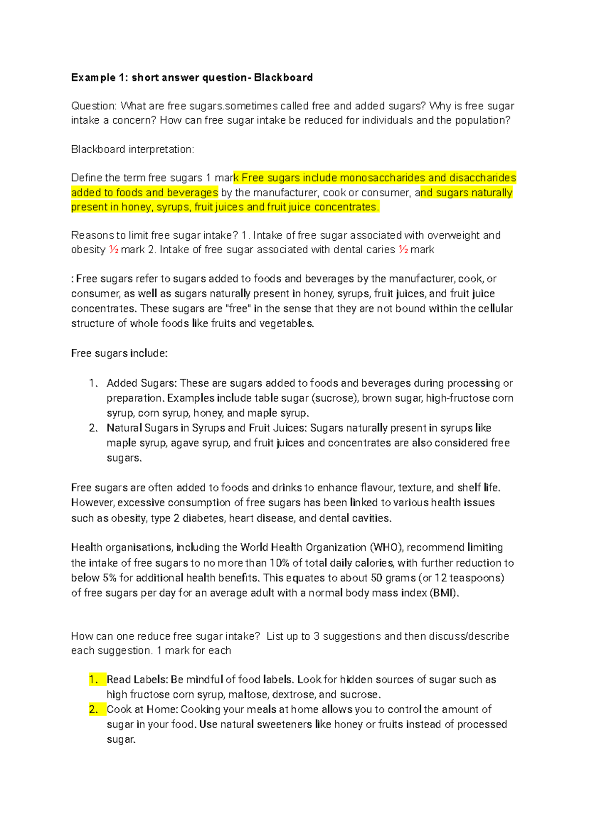HUNT141 - Summary Human Nutrition - Example 1: short answer question ...