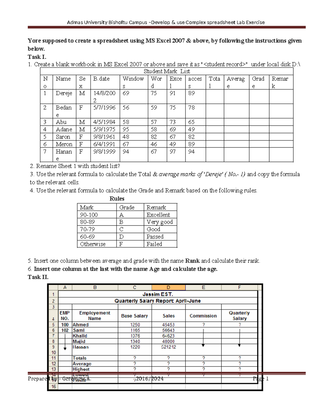 Conditional calculation exercise I - Admas University Bishoftu Campus ...