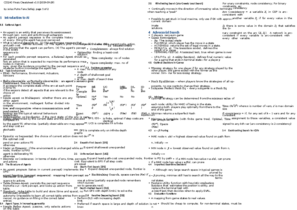 CS3243-midterms - Summary Artificial Intelligence - ⌊ ⌋ CS3243 Finals ...