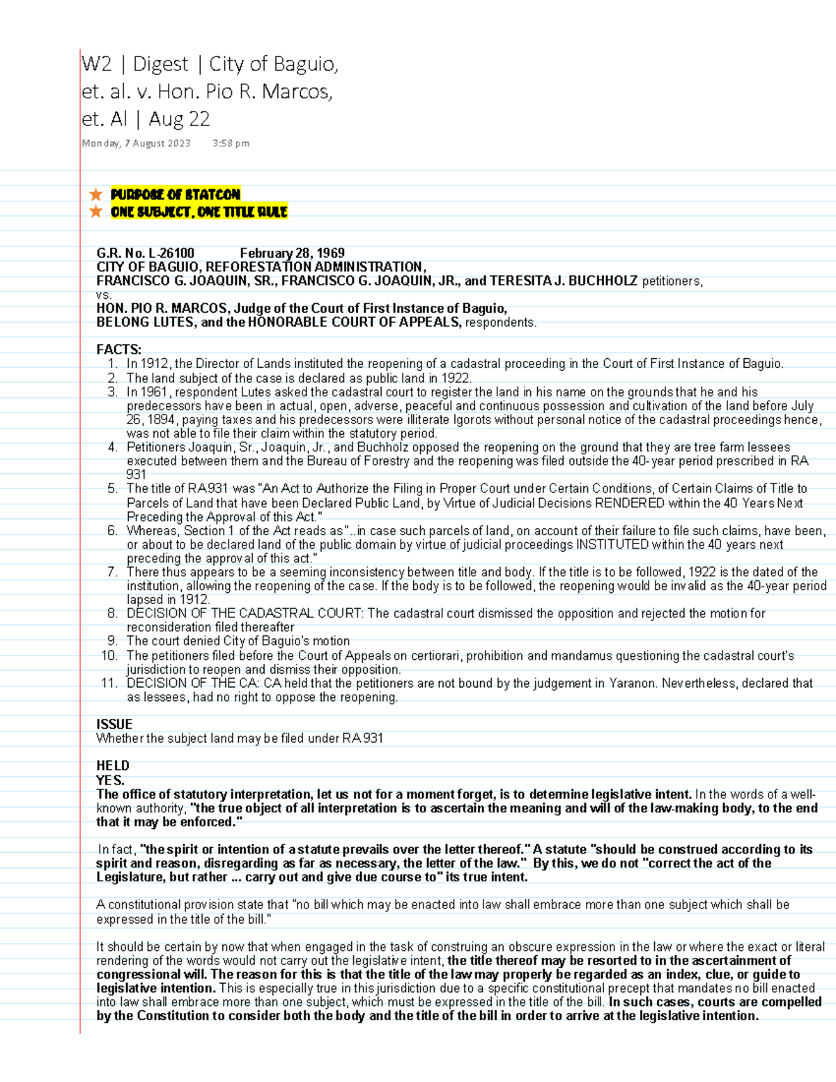 W2 Statcon Case-Digests Aug-29 - G. No. L- 26100 February 28, 1969 CITY ...