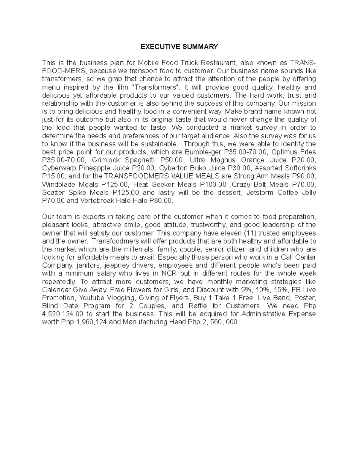 Executive Summary TRANSFOODMERS - EXECUTIVE SUMMARY This is the ...