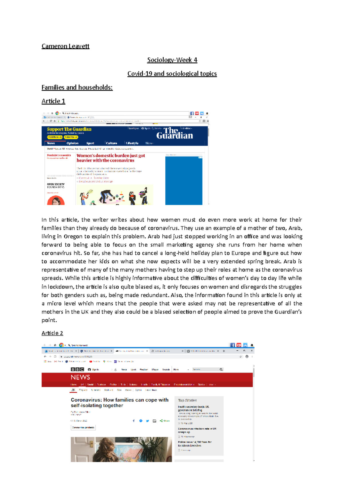 Articles for sociology - Cameron Leavett Sociology-Week 4 Covid-19 and ...
