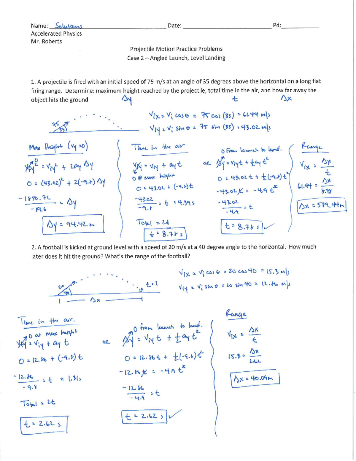 Projectile Motion Case 2 Pracice Problems Solutions - 1010 - Studocu