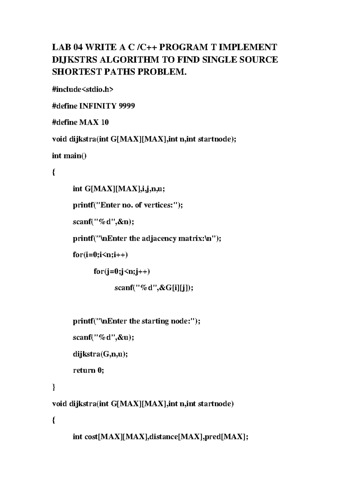 ADA LAB 04 Dijkstra - LAB 04 WRITE A C /C++ PROGRAM T IMPLEMENT ...