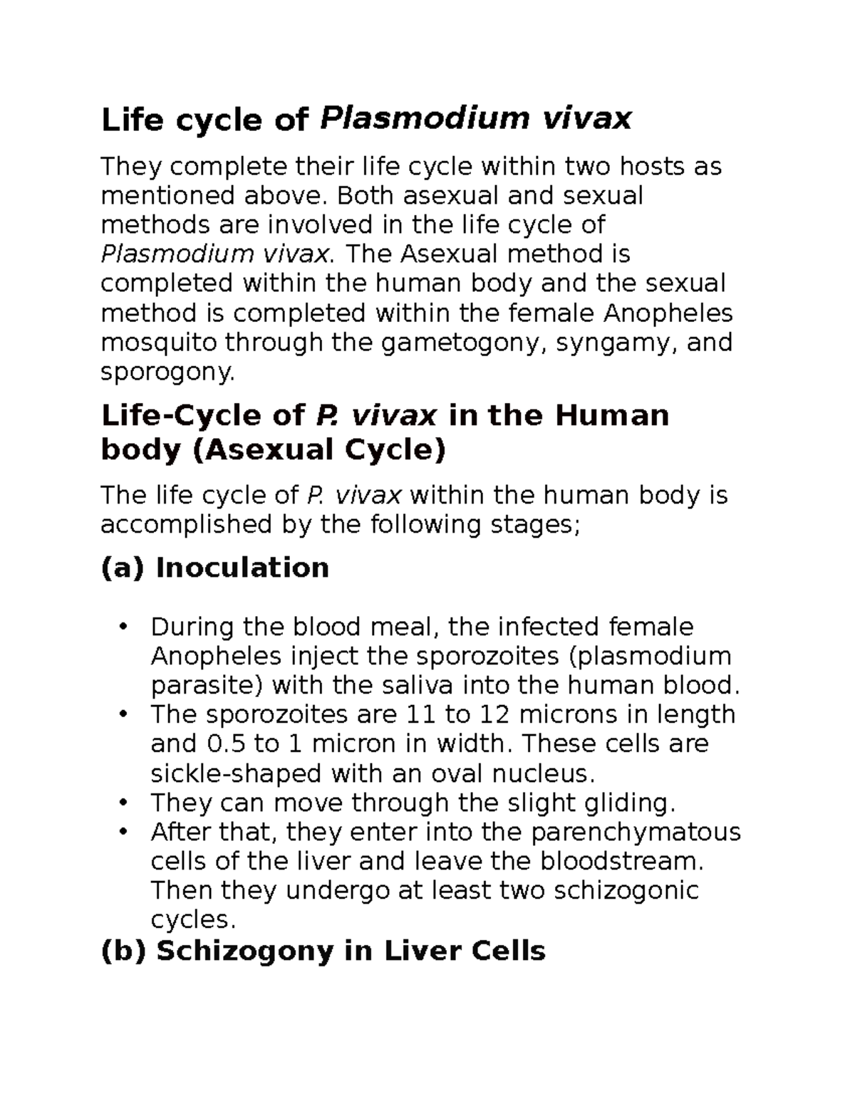 Bio 5 - notes - Life cycle of Plasmodium vivax They complete their life ...