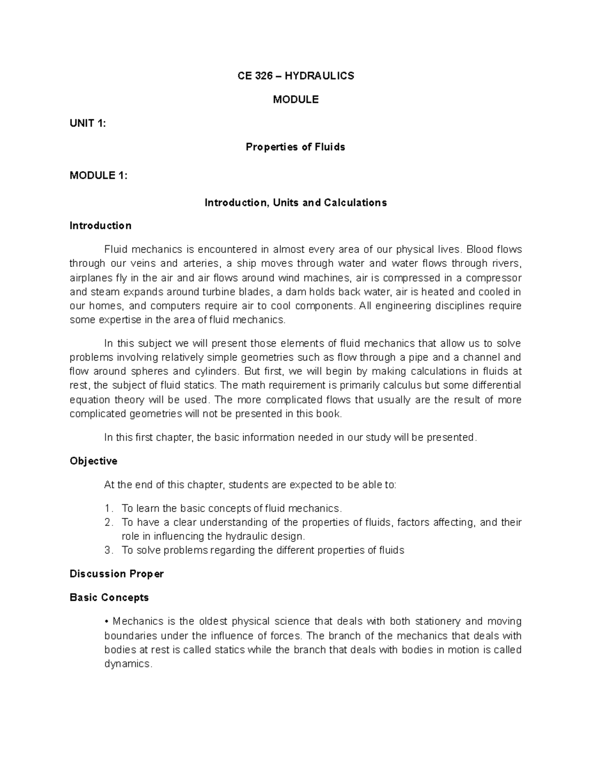 Properties of Fluids - CE 326 – HYDRAULICS MODULE UNIT 1: Properties of ...