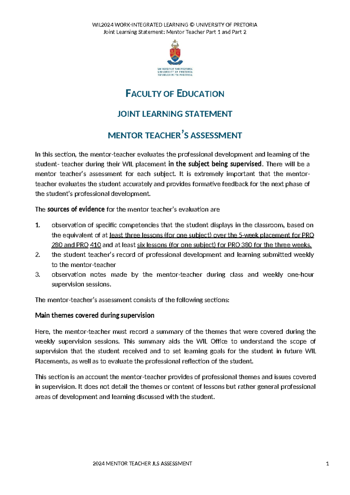 2024 PRO 280, 380 and 310 Wiljlsmentor Teacher Assessment - Joint ...