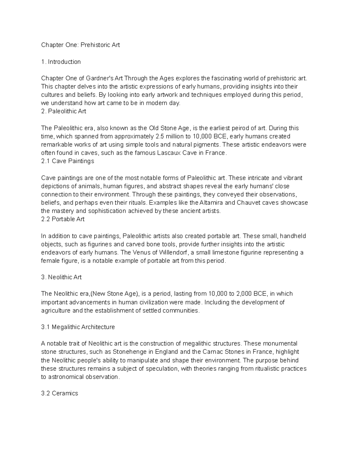 Notes for Chapter One - Chapter One: Prehistoric Art Introduction ...