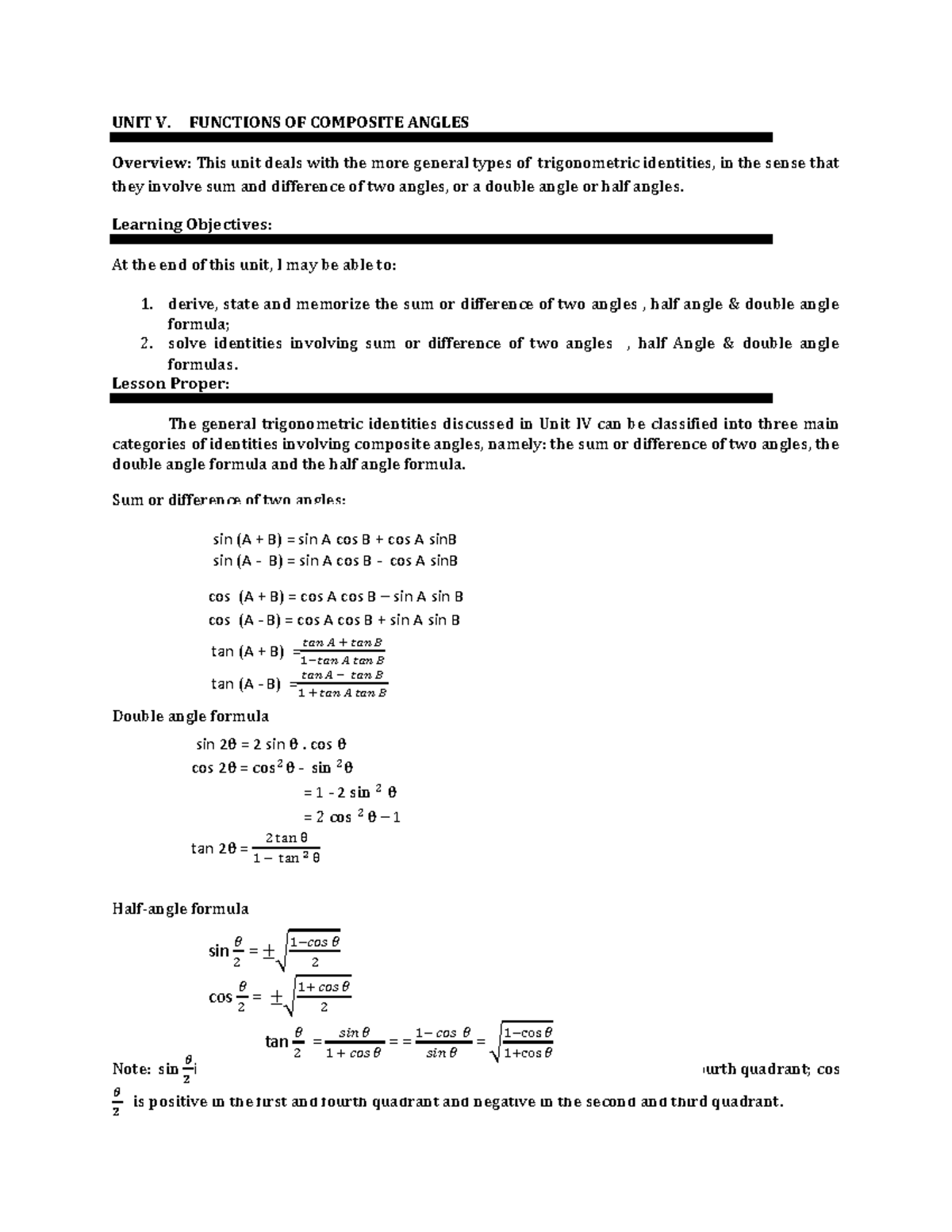 Trigonometry Unit 5 Module - Functions OF Composite Angles - UNIT V ...