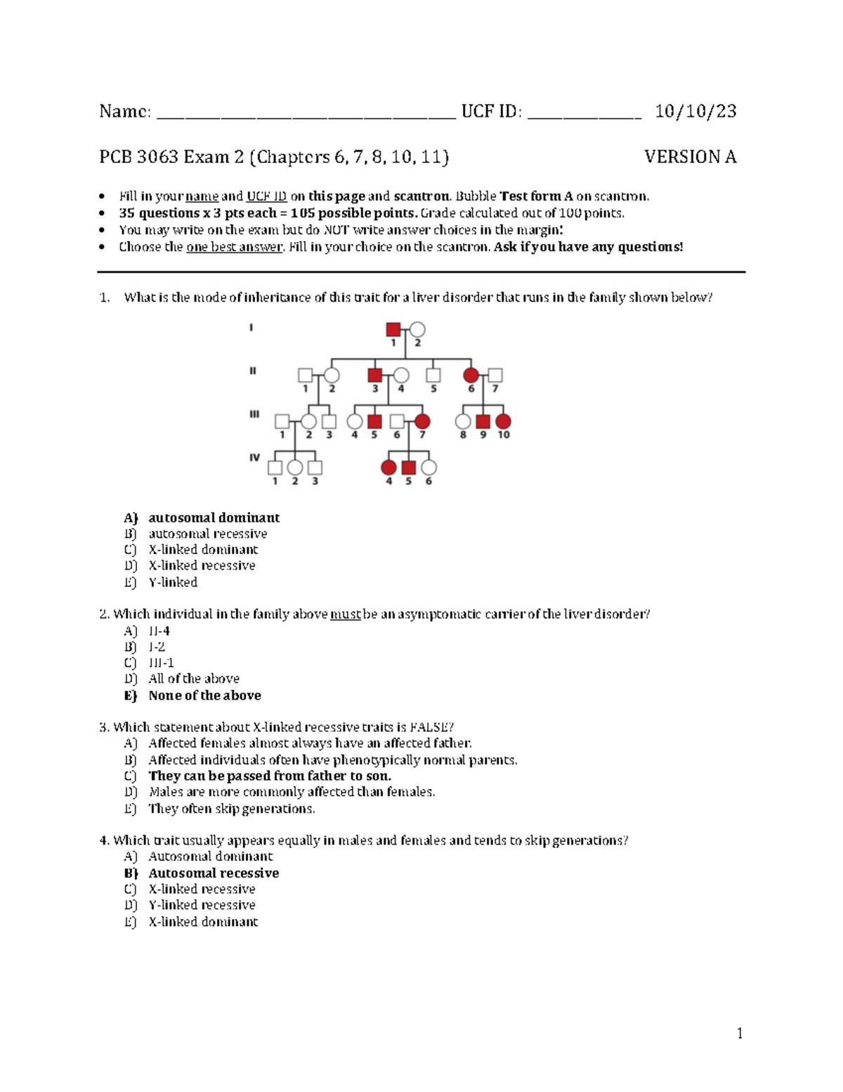 2023+Gen Exam 2A+key - genetics exam 2A - Name