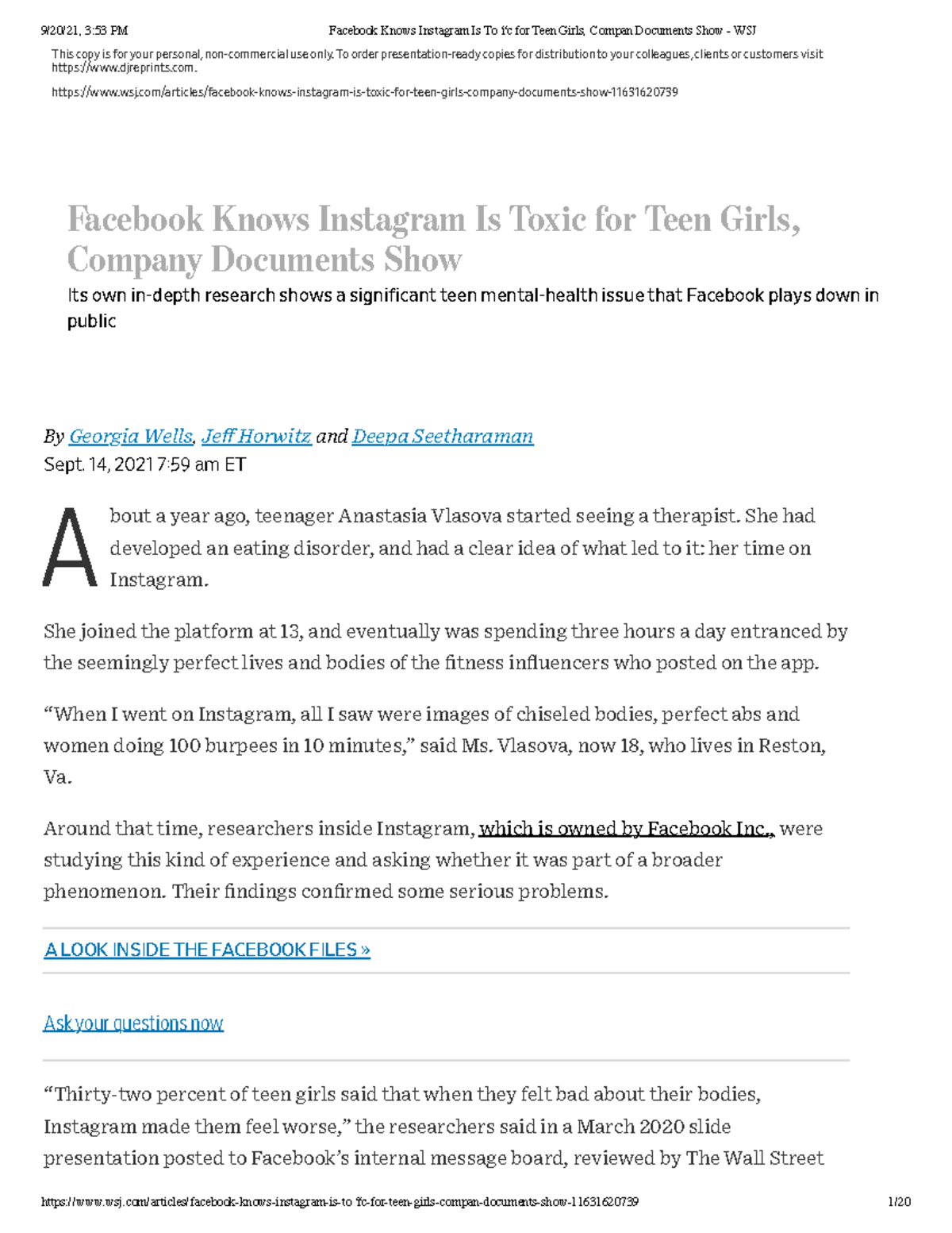 Facebook Knows Instagram Is Toxic for Teen Girls, Company Documents Show - WSJ-1 - This copy is ...