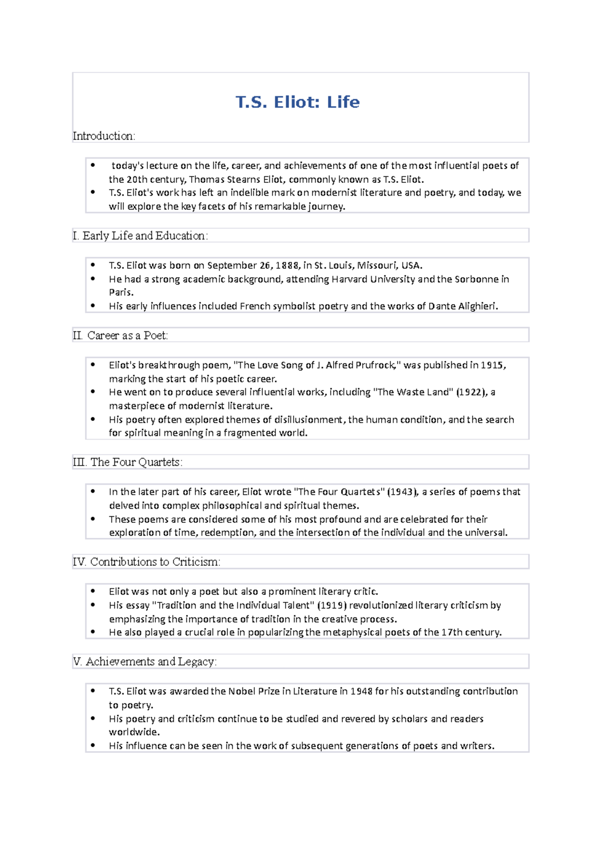 Document (65) - poetry notes - T. Eliot: Life Introduction: today's ...