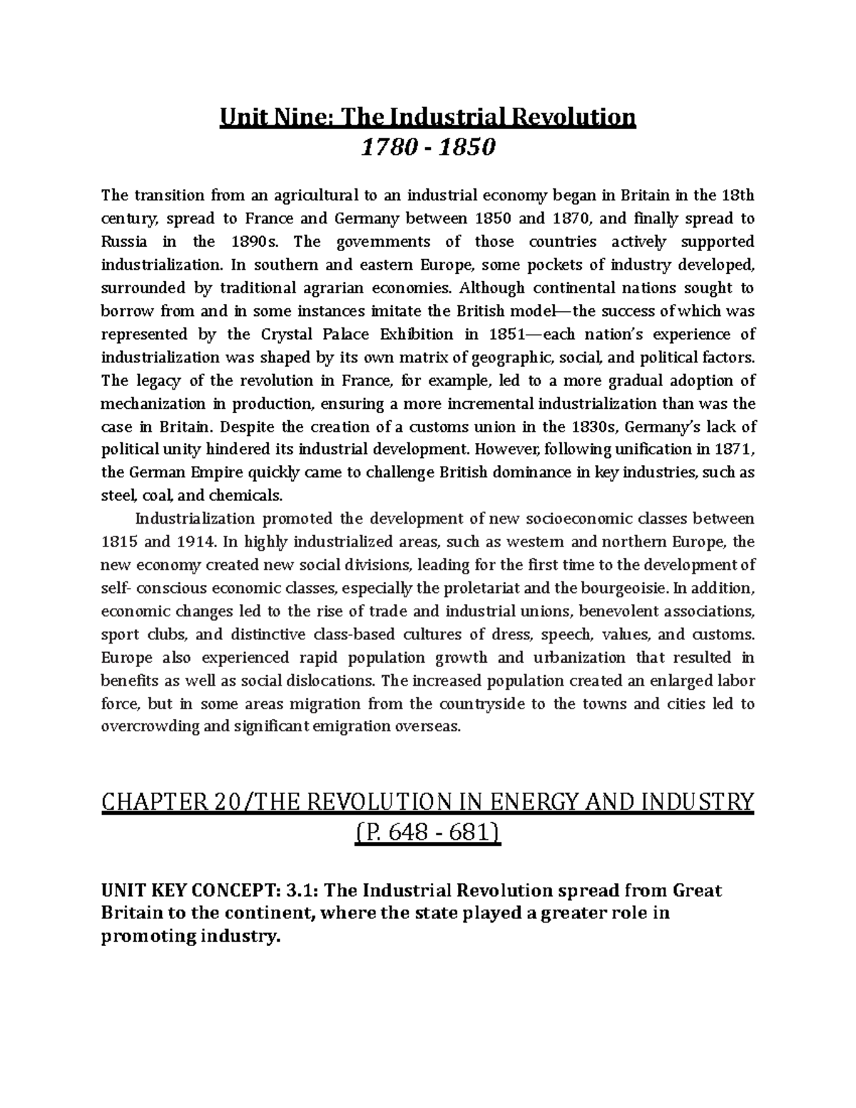 Unit 9 - industrial revolution outline - Unit Nine: The Industrial ...