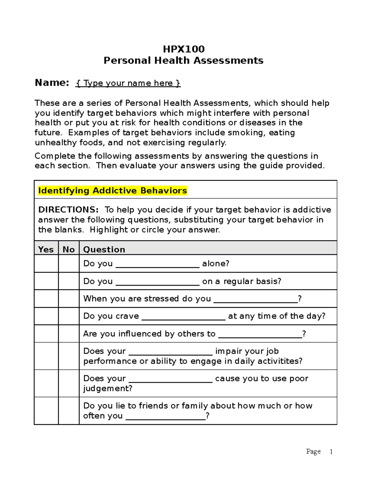Personal Health Assessments Template - HPX100 Personal Health ...