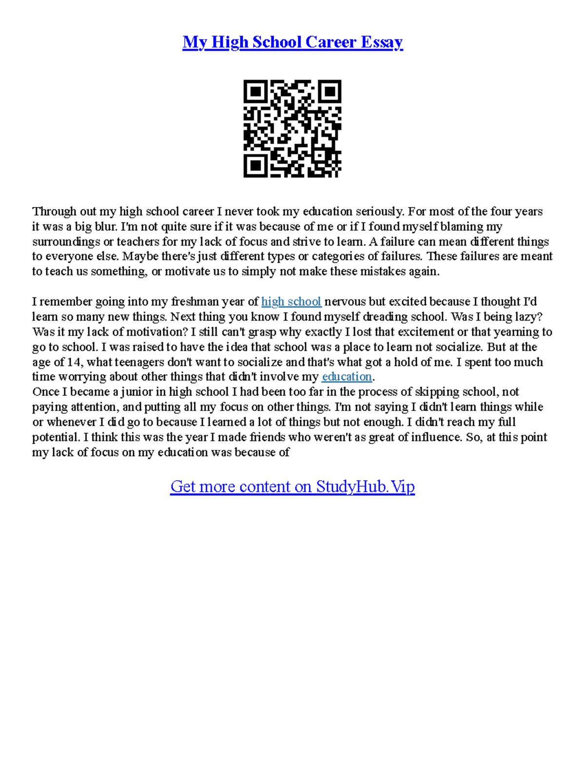 Essay For My School - My High School Career Essay Through out my high ...