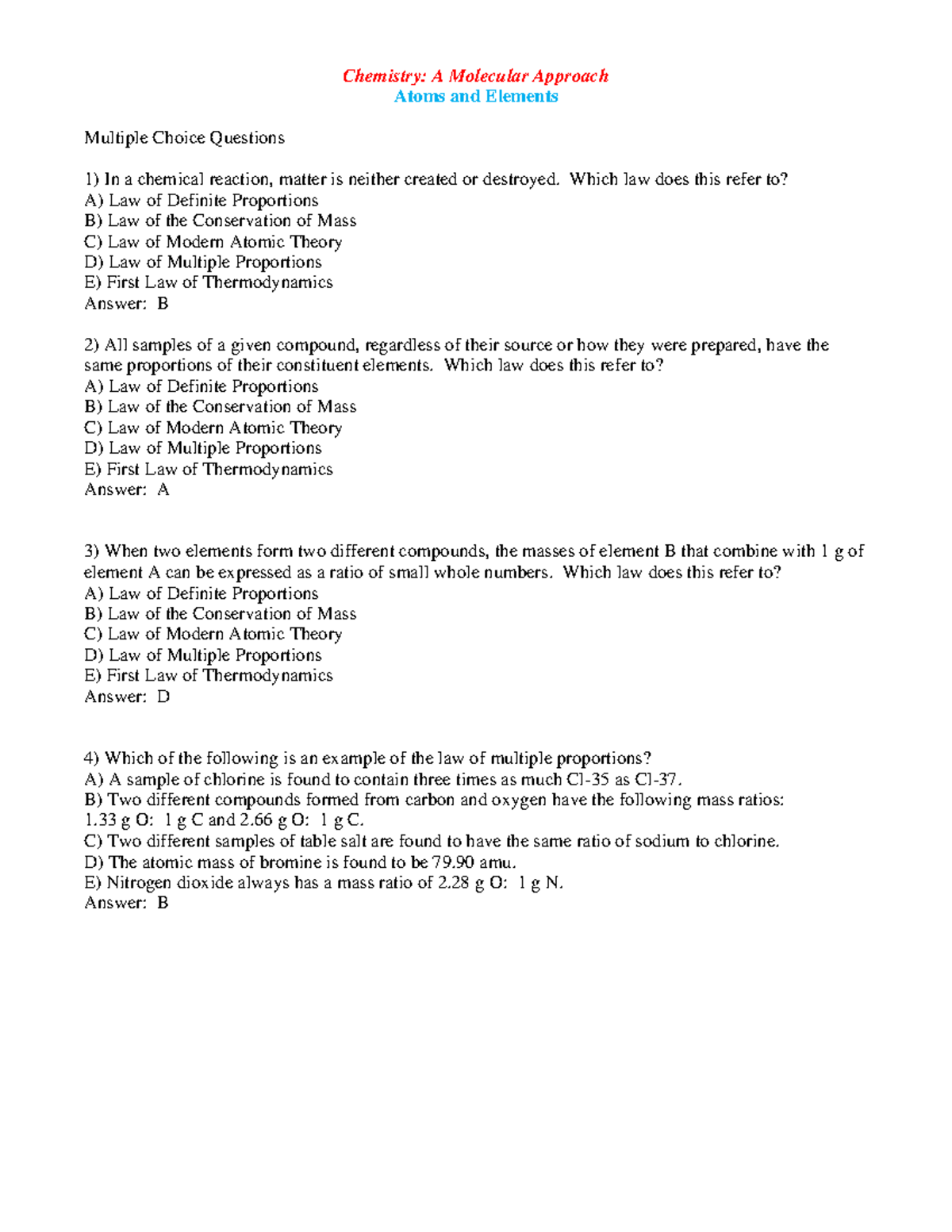 Chemistry A Molecule Approach Atoms and Elements - Chemistry: A ...