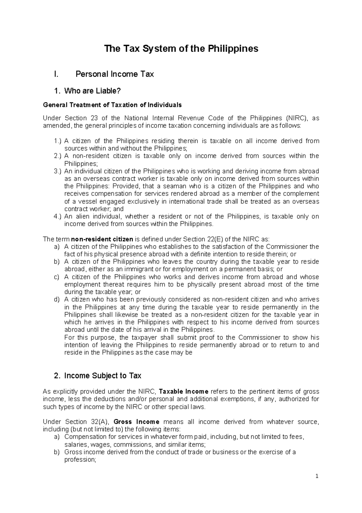 Tax System of the Philippines - Personal Income Tax 1. Who are Liable ...