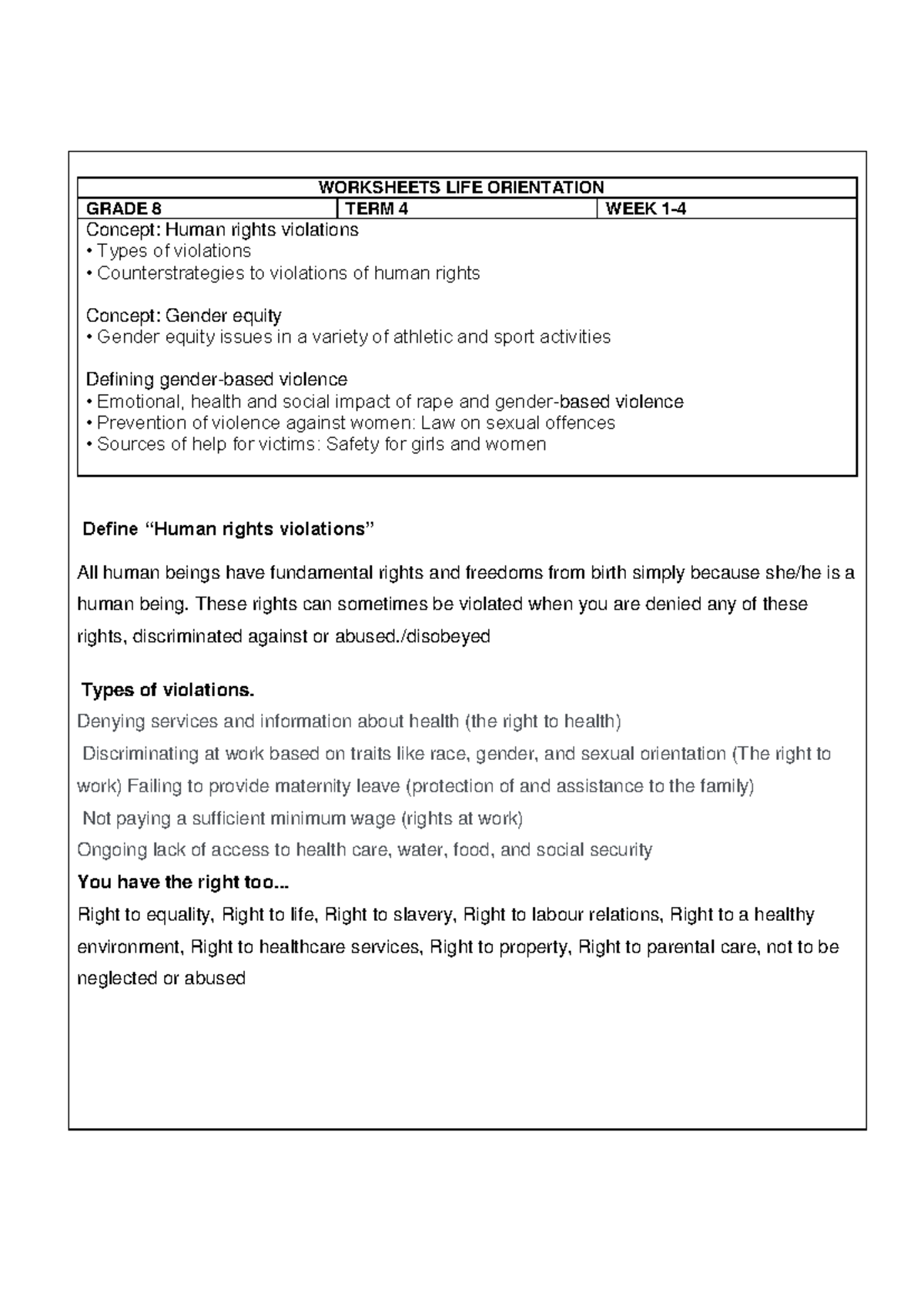 Worksheets LIFE Orientation- Grade 8-TERM 4-2024 - Define “Human rights ...