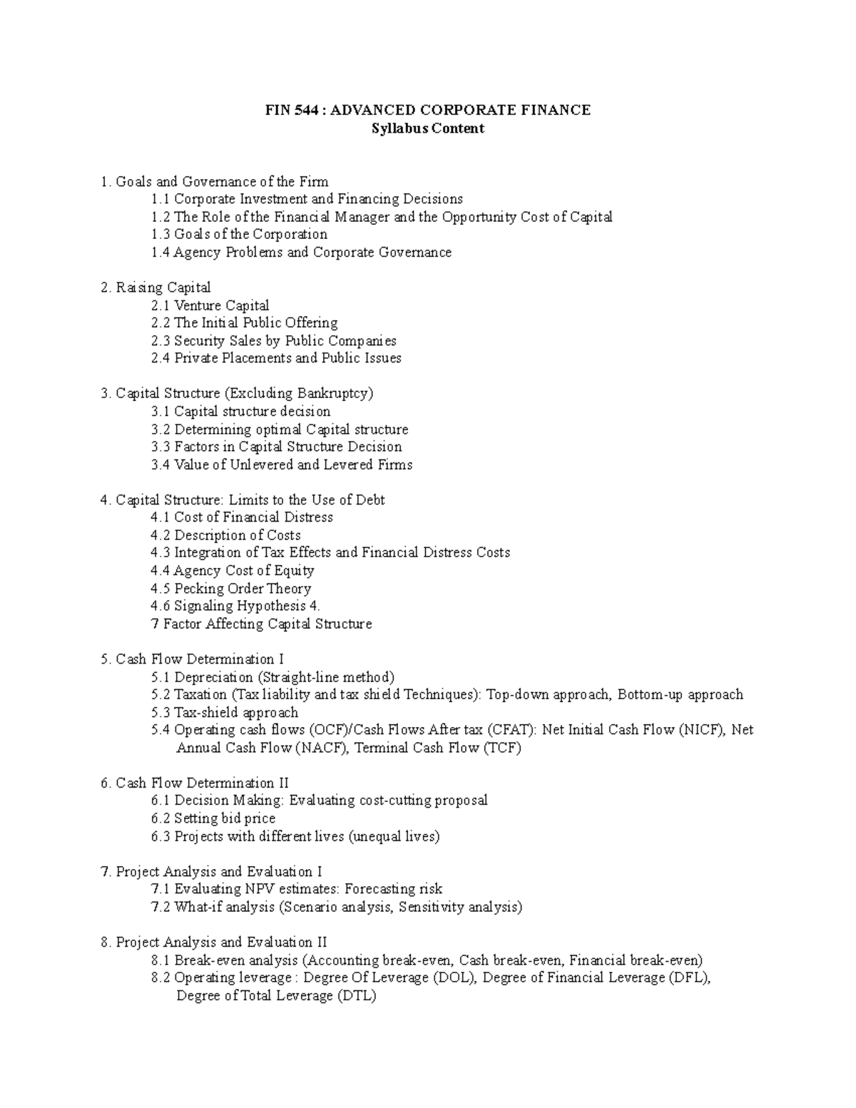 Syllabus FIN 544 updated Oct 2021 - FIN 544 : ADVANCED CORPORATE ...