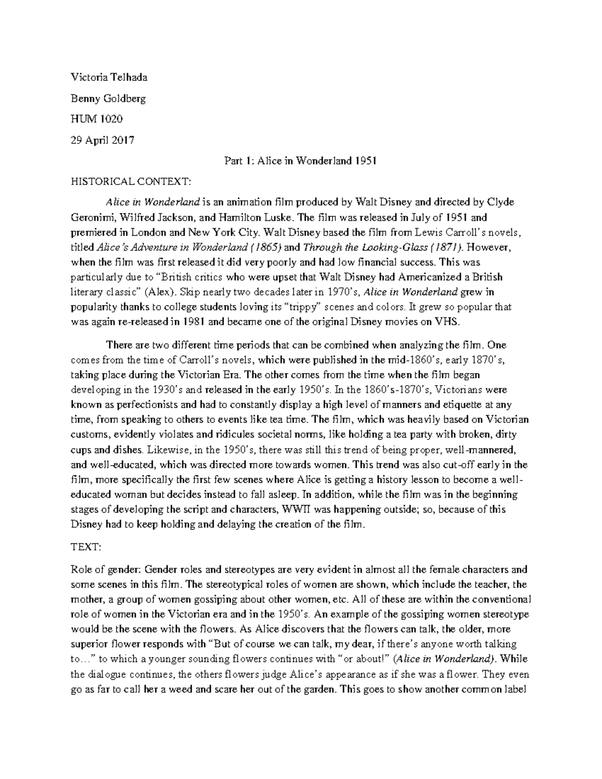 Final Writing Assignment - Victoria Telhada Benny Goldberg HUM 1020 29 ...