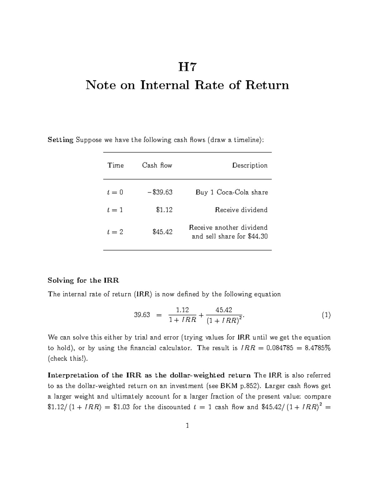 H7 - Internal Rate of Return - H Note on Internal Rate of Return ...