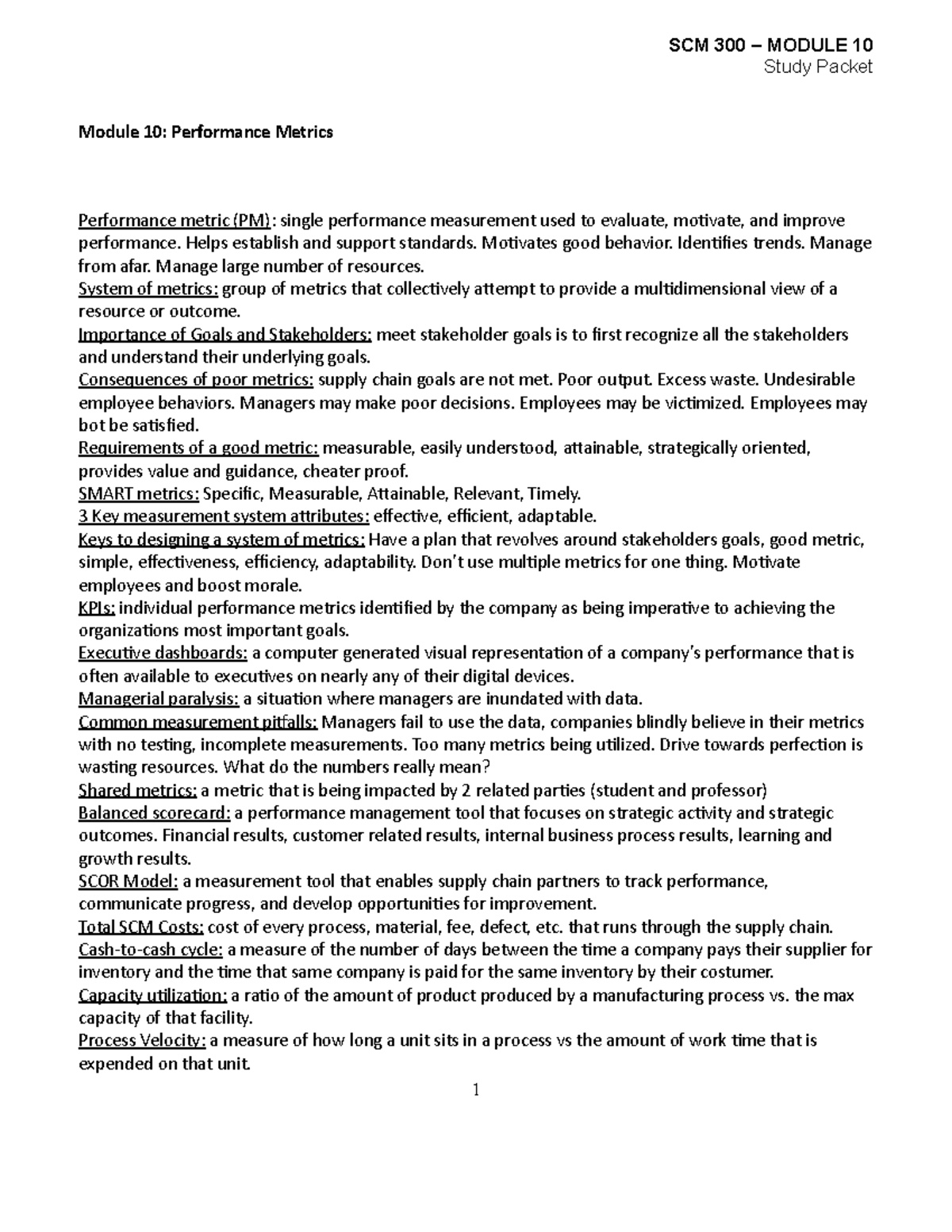 M10 Study Guide 2017 - review - SCM 300 MODULE 10 Study Packet Module 10: Performance Metrics ...