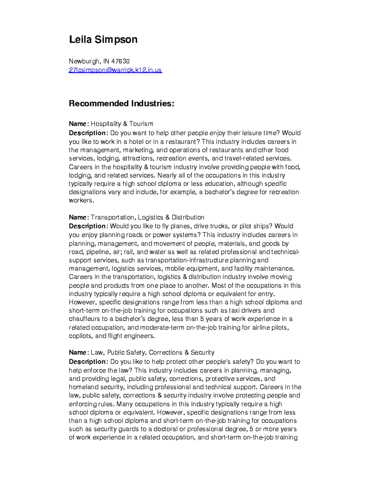 Leila Interest Assessment Results - Leila Simpson Newburgh, IN 47630 ...