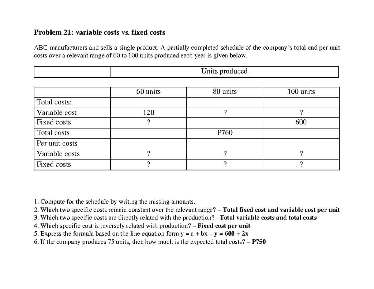 Cost Accounting - Problem 21 - Problem 21: variable costs vs. fixed ...