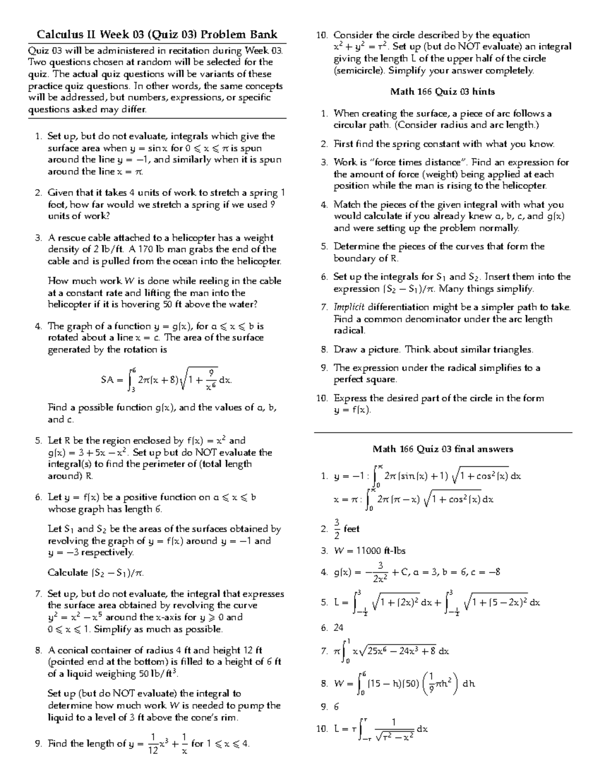 166 practice qz 03 - Calculus II pratice quiz # 3 - Calculus II Week 03 (Quiz 03) Problem Bank ...