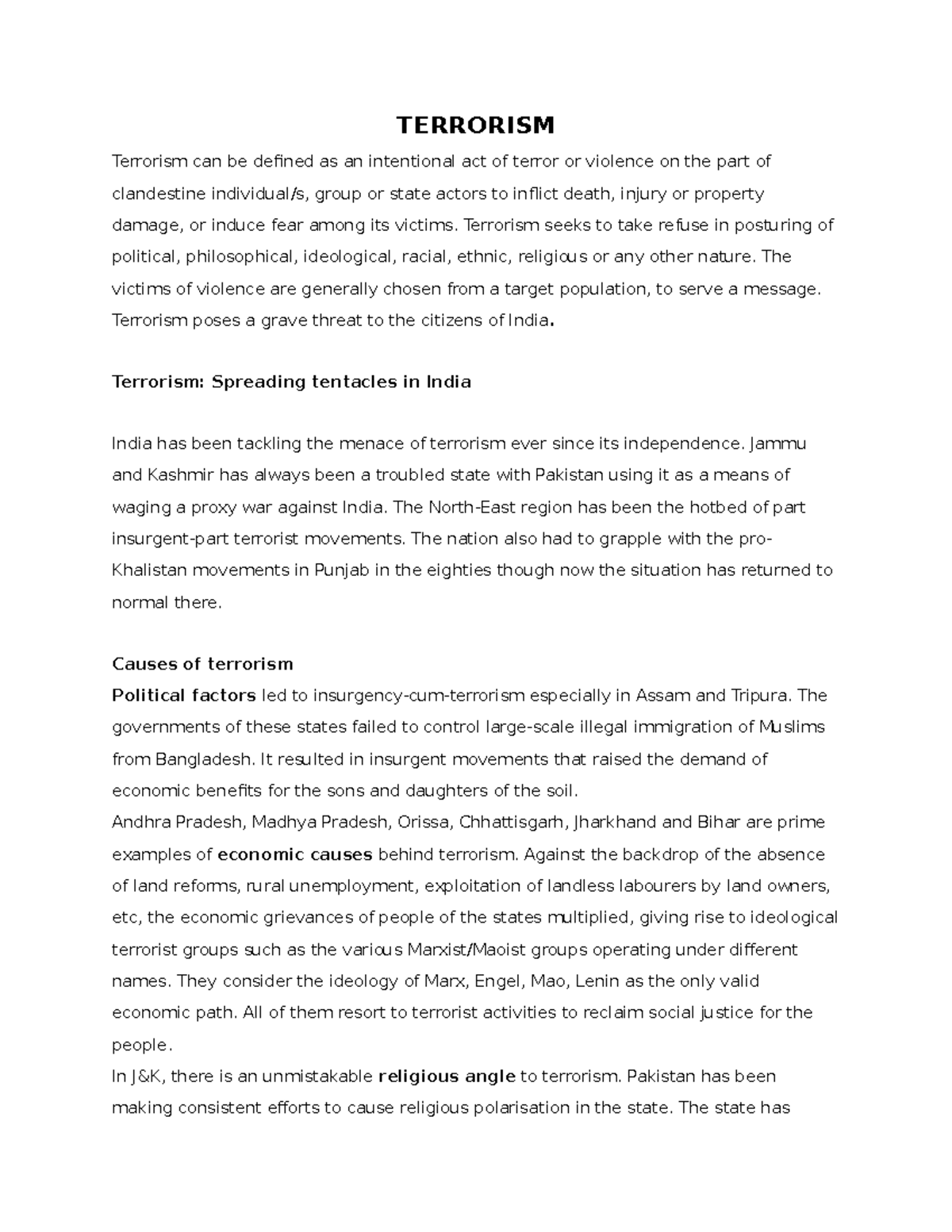 Terrorism - Lecture notes 1-7 - TERRORISM Terrorism can be defined as ...