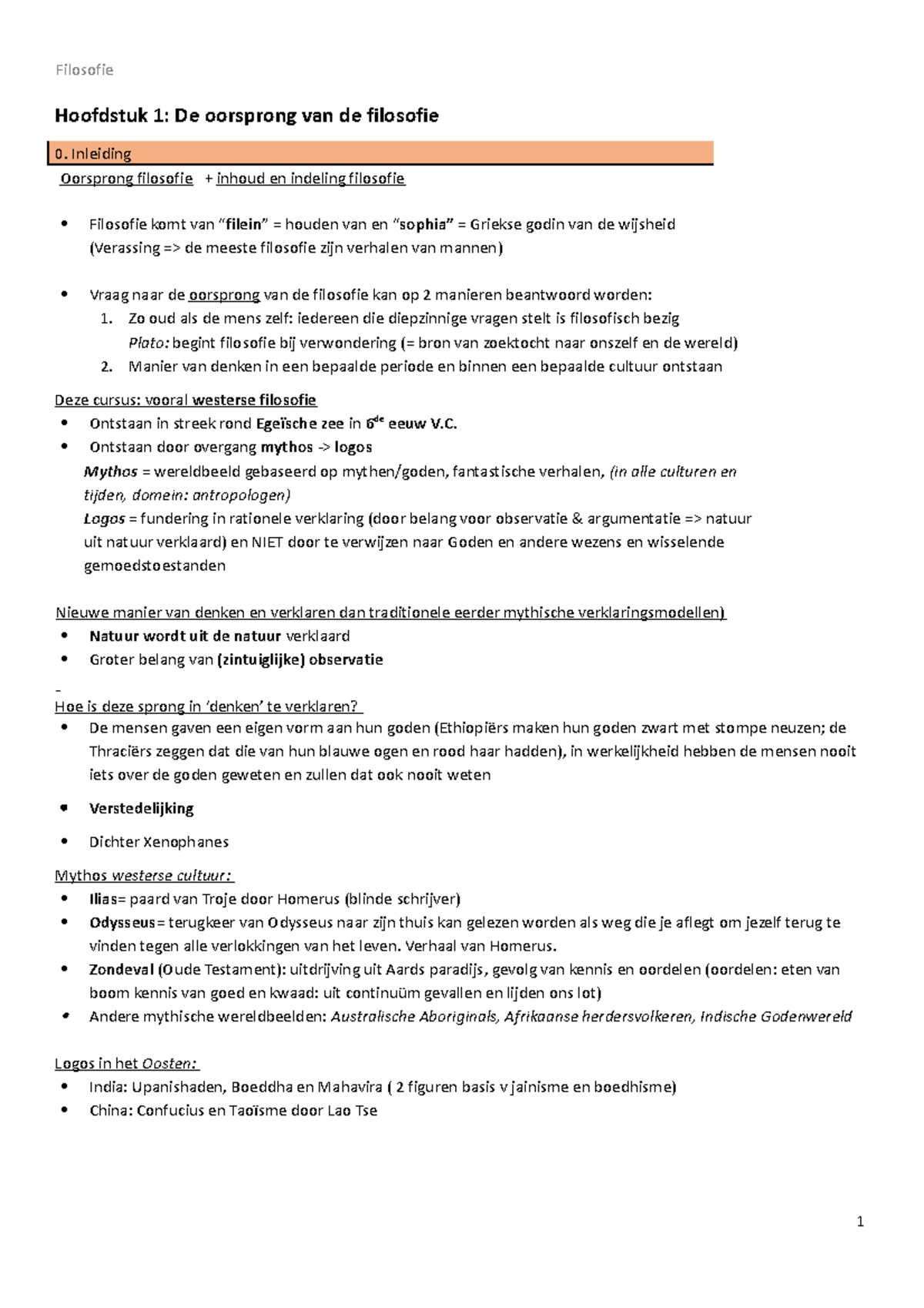 Filosofie Samenvatting - Hoofdstuk 1: De oorsprong van de filosofie Inleiding Oorsprong ...