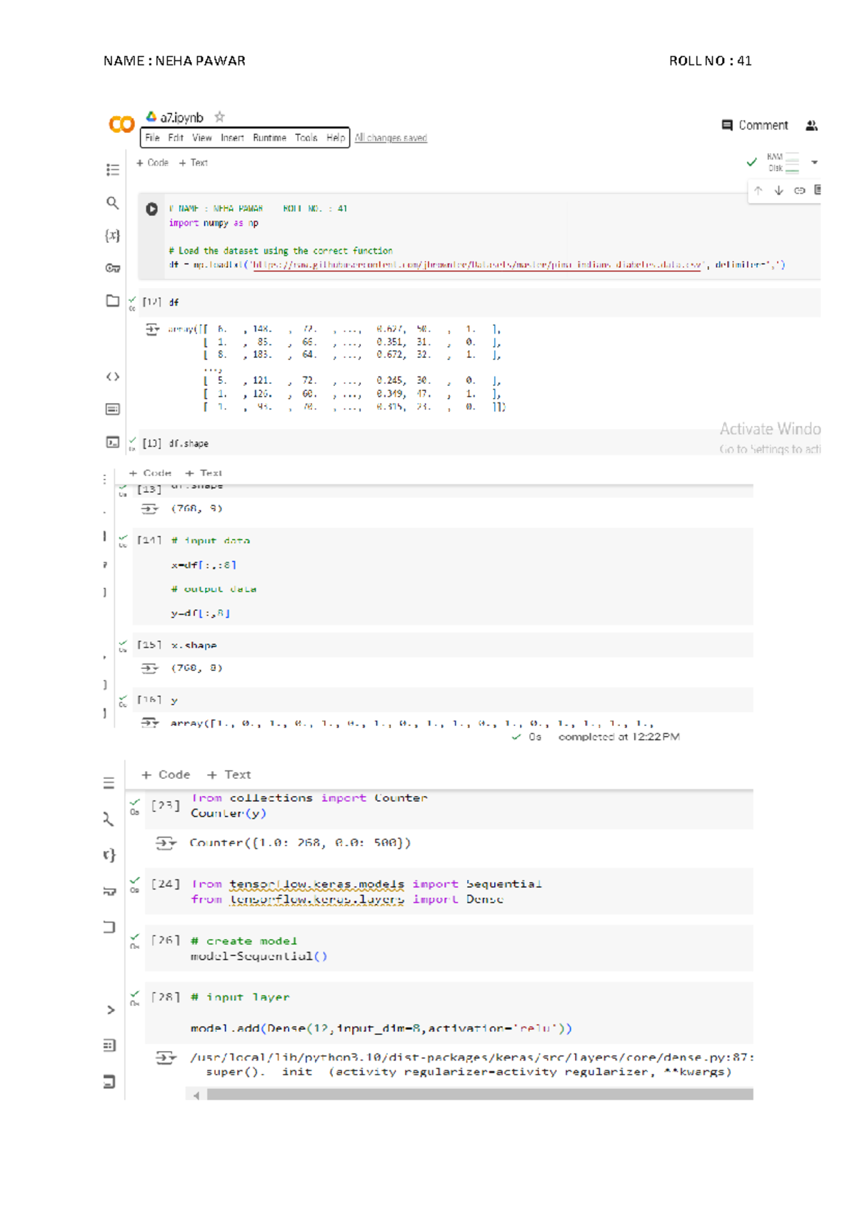 A7 - output of 7 practicle machine learning - NAME : NEHA PAWAR ROLL NO : - Studocu