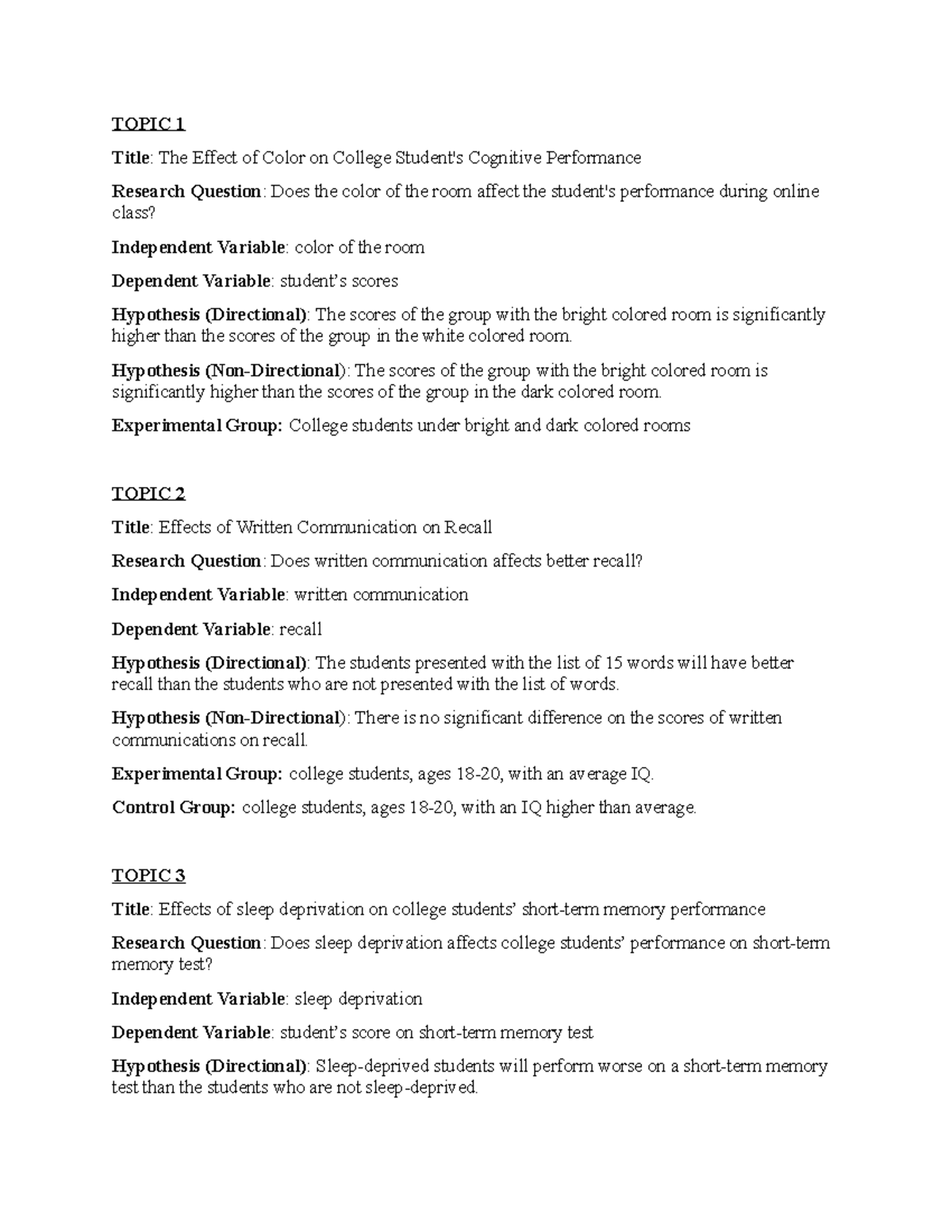 Topics - Draft - TOPIC 1 Title : The Effect of Color on College Student ...