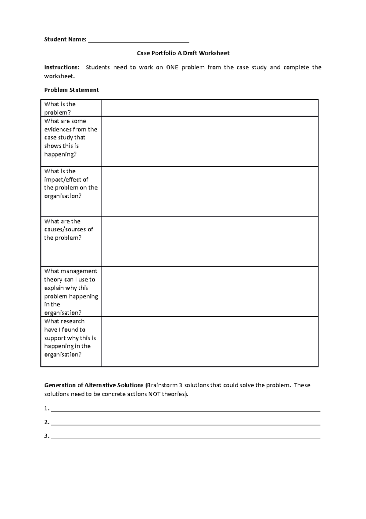 Case Portfolio Draft Worksheet (Updated Mar 19 2023) - Student Name